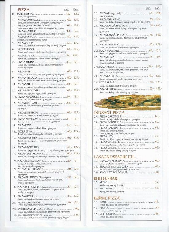 Carta del restaurante Pizza pinocchio - i langå, Langaa