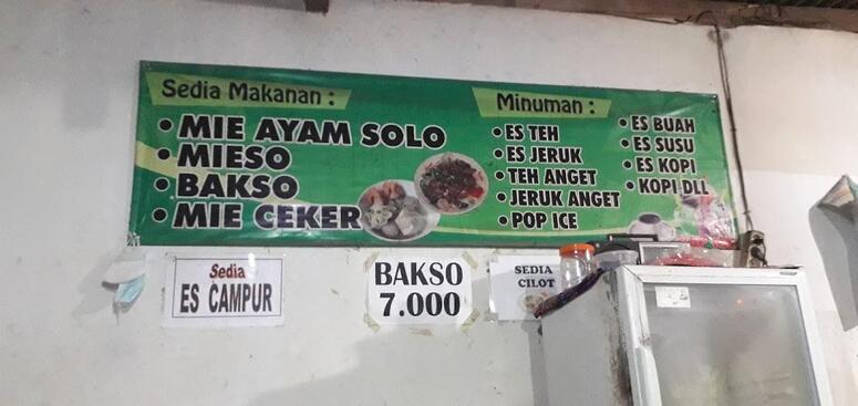 Menu at Bakso mie ayam restaurant, Sidodadi