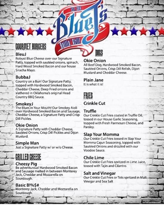 Menu at BlueJ's Rockin' & Rollin' Grill restaurant, Oklahoma City