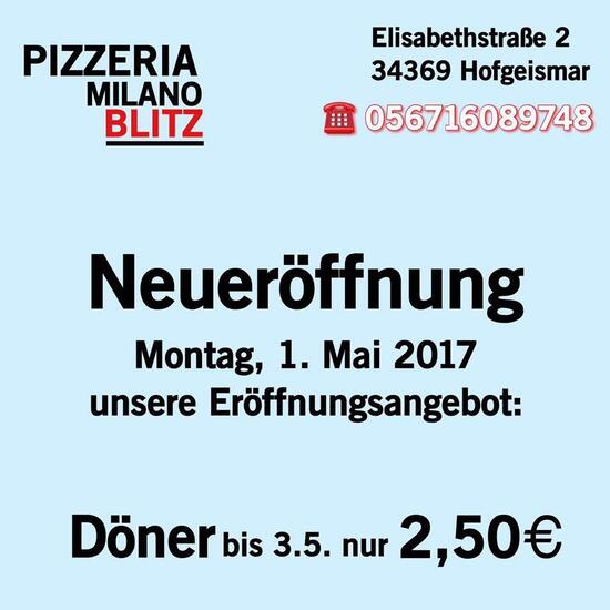 Speisekarte von Pizzeria Milano Blitz, Hofgeismar
