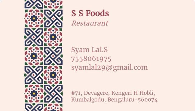 Menu at SS FOODS, Kumbalgodu