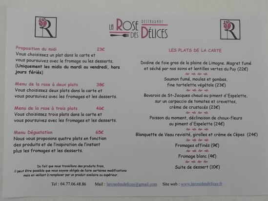Menu au La rose des délices restaurant, Chambœuf