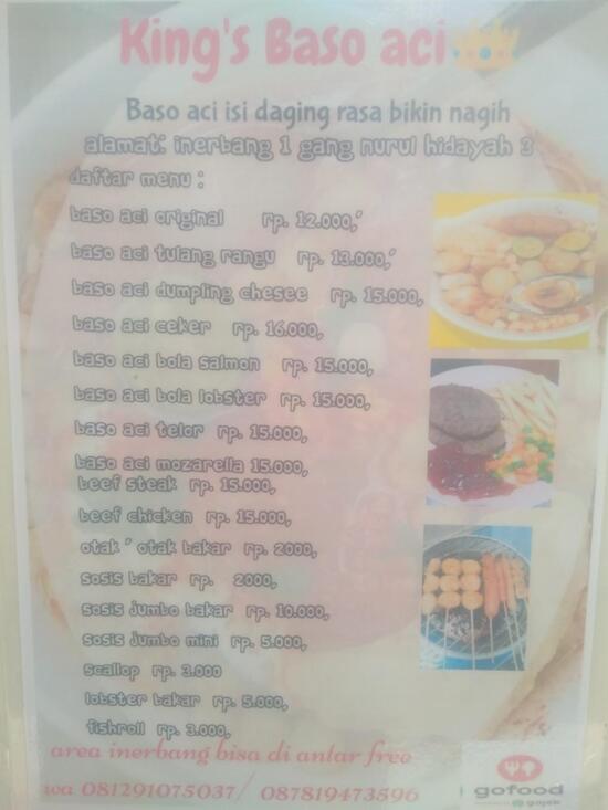 Menu at King's baso aci restaurant, East Jakarta