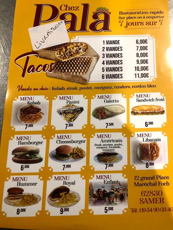 Carta de Chez pala restaurant de la place, Samer