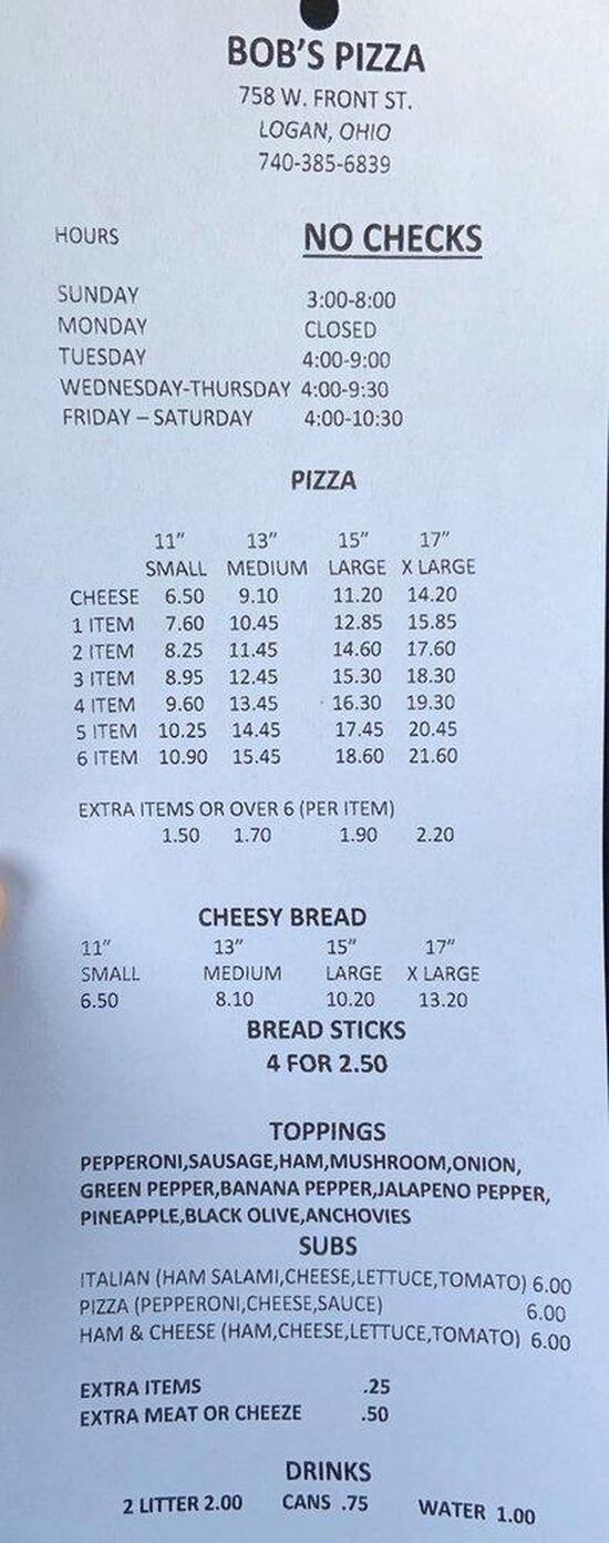 Menu at Bob's Pizza House pizzeria, Logan