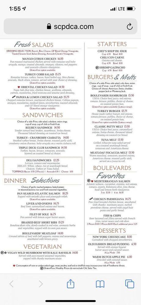 Menu at Boulevard's Bar & Grill, Palm Desert