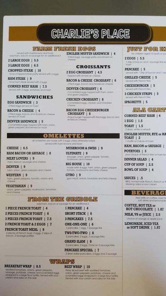 Menu at Charlie's Place restaurant, Hanover