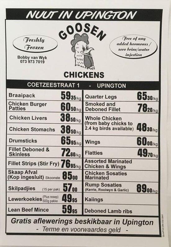 Menu at Goosen Chicken, Upington