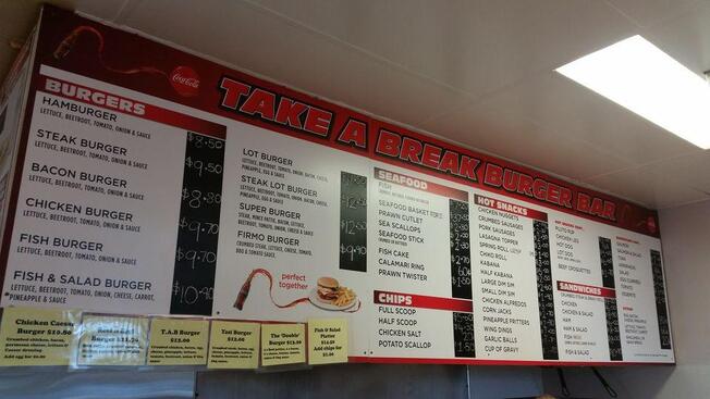 Menu at Take-A-Break Burger Bar, Kirwan
