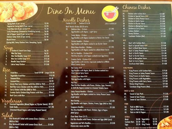Menu at Eric's Noodle restaurant, Underwood