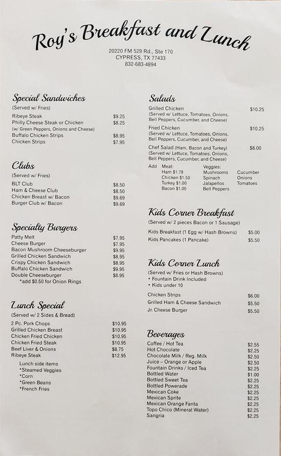 Menu at Roy's Breakfast & Lunch restaurant, Cypress