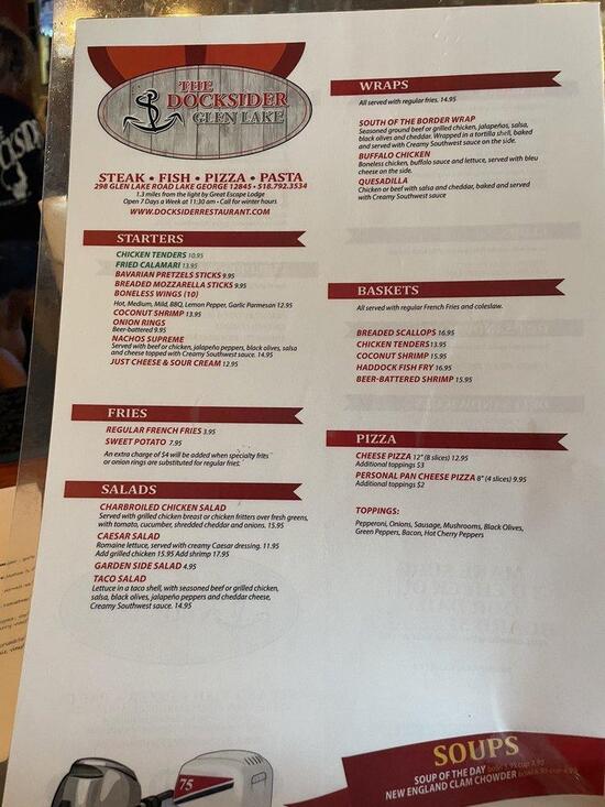 Menu at The Docksider pub & bar, Queensbury, 298 Glen Lake Road