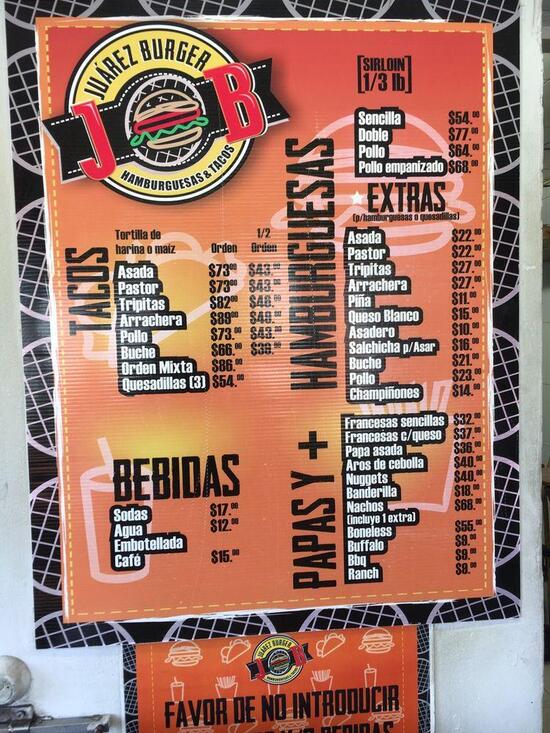 Carta del restaurante Juárez Burgers, Ciudad Juarez