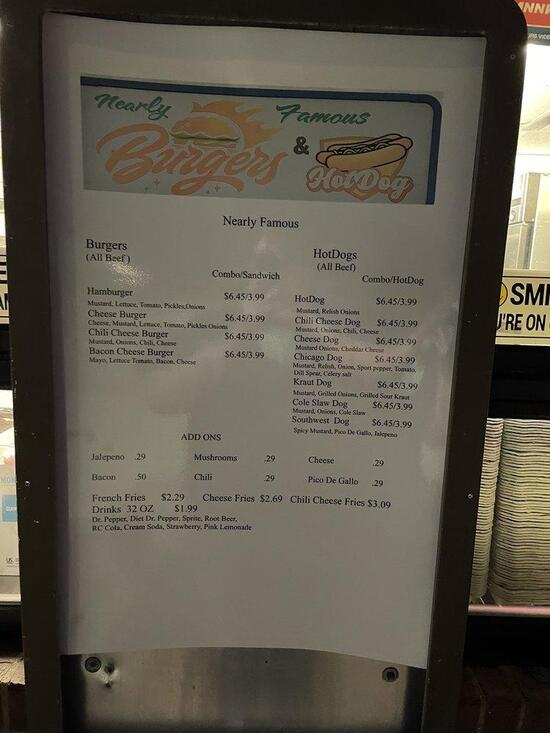 Menu at Nearly Famous fast food, Arlington
