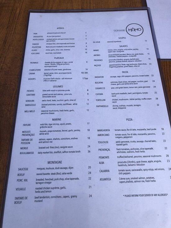 Menu at Domaine MaMo restaurant, Toronto