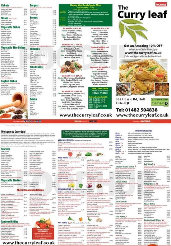 Menu at The Curry Leaf fast food, Hull