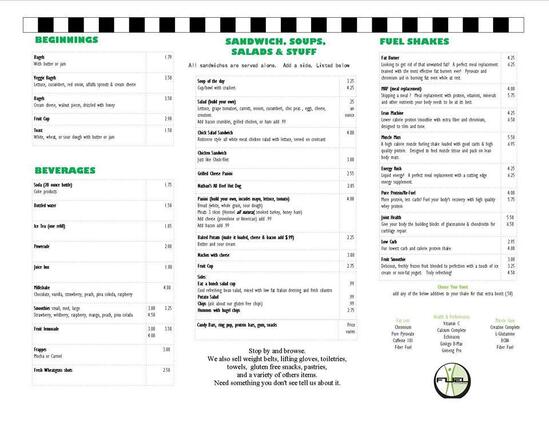 Menu at The Fuel Zone Cafe & Juice Bar, Augusta