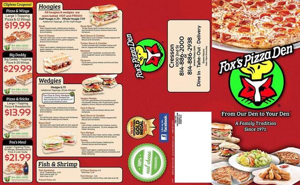 Menu at Fox's Pizza Den pizzeria, Cresson, 2nd St