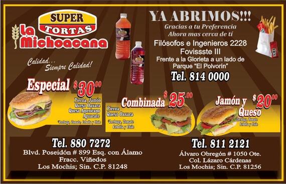 Carta de Super Tortas La Michoacana "Fovissste", Los Mochis