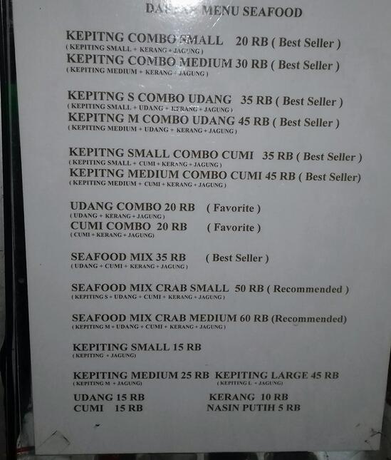 Menu at KEPITING-KERANG BANDARA restaurant, Tangerang