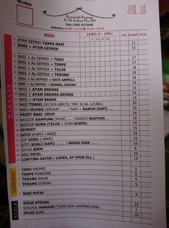 Menu at Roemah Eyang restaurant, Pontianak