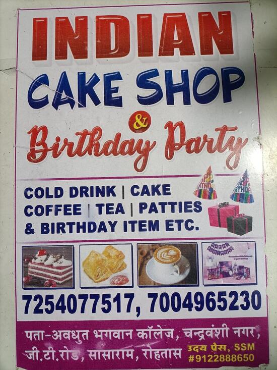 Menu at Indian Cake Shop, Sasaram