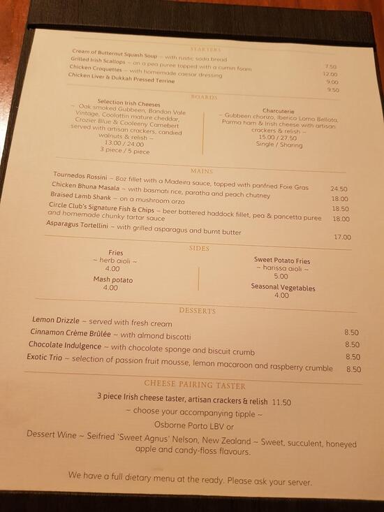 Menu at The Circle Club, Dublin