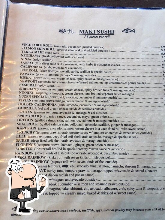 Menu at Yuzen restaurant, Seal Rock