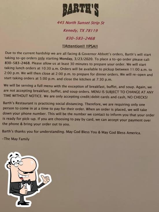 Barth's Restaurant, Kenedy - Restaurant menu, prices and reviews