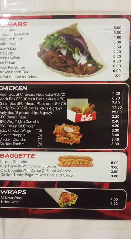 Menu at Zia's Takeaway fast food, Dublin, 137 St Peter's Rd