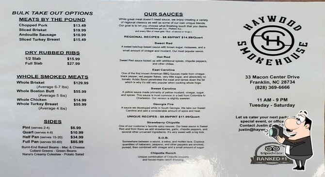 Menu at Haywood Smokehouse BBQ, Franklin