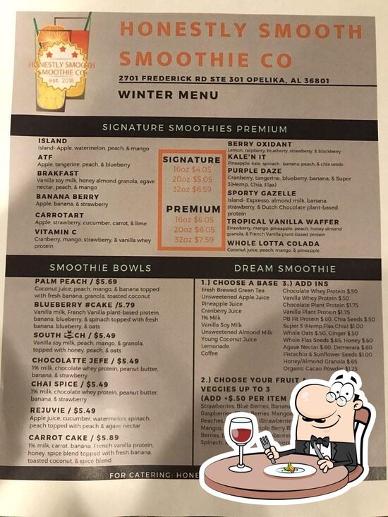 Menu at Honestly Smooth Smoothie pub & bar, Opelika