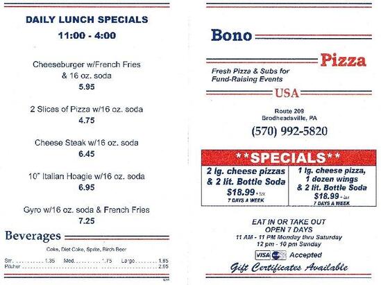 Menu at Bono Pizza pizzeria, Brodheadsville, US-209