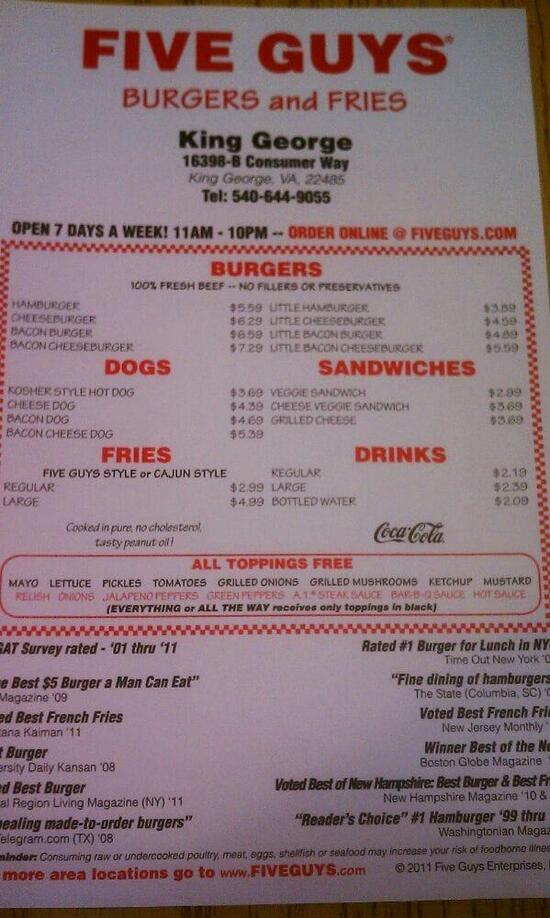 Menu at Five Guys fast food, Dahlgren, B. Consumer Way