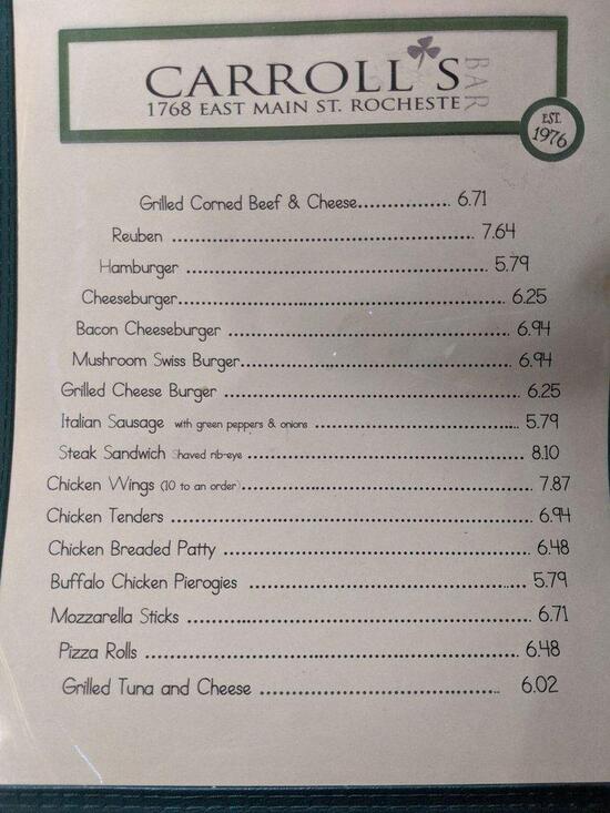Menu at Carroll's Bar & Restaurant, Rochester