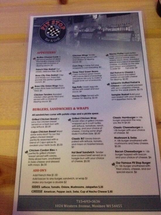 Menu at Pit Stop Bar & Grill, Mosinee