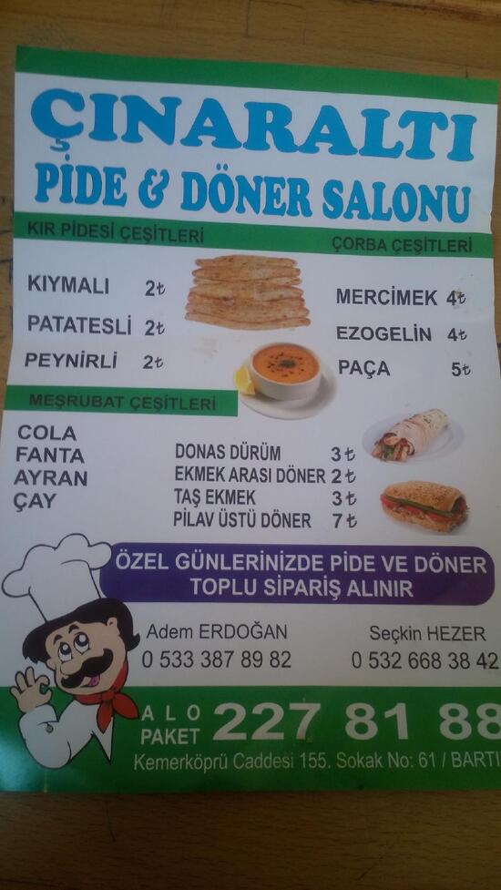 Menu at Çınaraltı Pide Ve Döner Salonu, Bartın