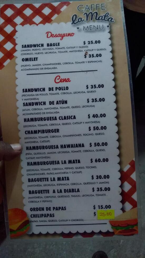 Menu at Cafe La Mata, Santiago Matatlan
