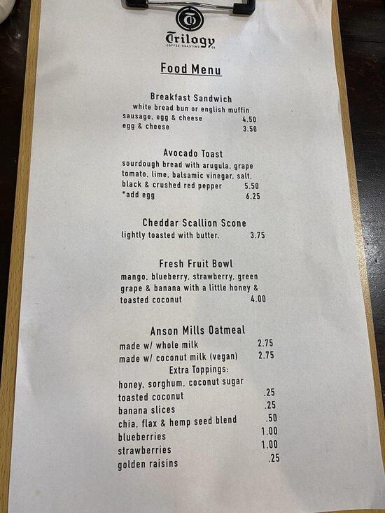 Menu at Trilogy Coffee Roasting Co cafe, DeLand
