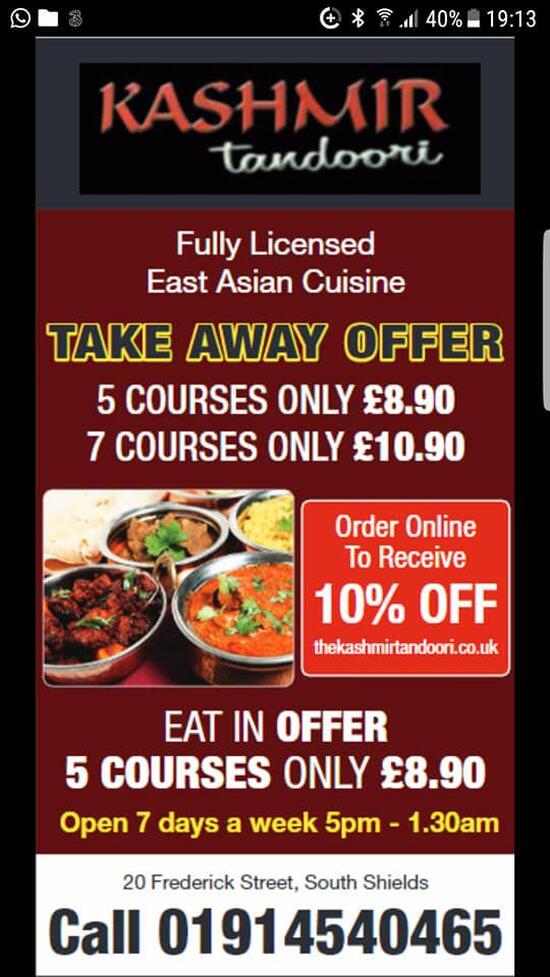 Menu at Kashmir Tandoori restaurant, South Shields