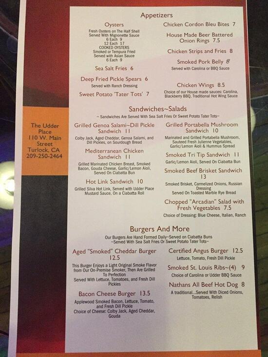 Menu at The Udder Place pub & bar, Turlock