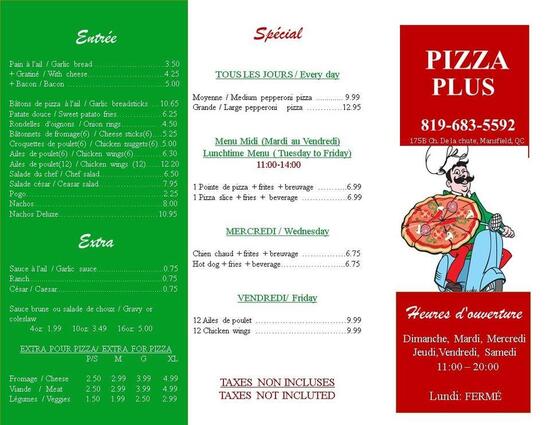 Menu at Pizza Plus restaurant, Fort-Coulonge