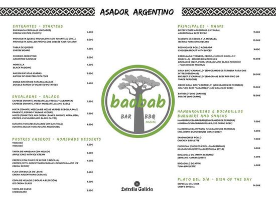 Menu at Baobab restaurant, Mojácar, P.º del Mediterráneo