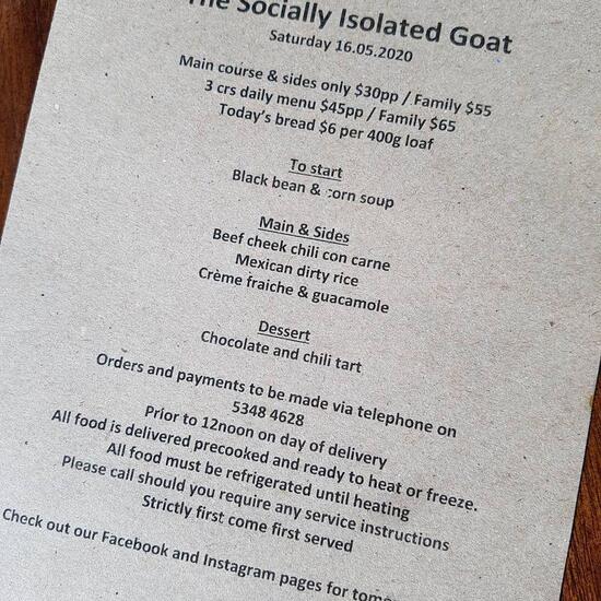 Menu at The Surly Goat restaurant, Hepburn Springs