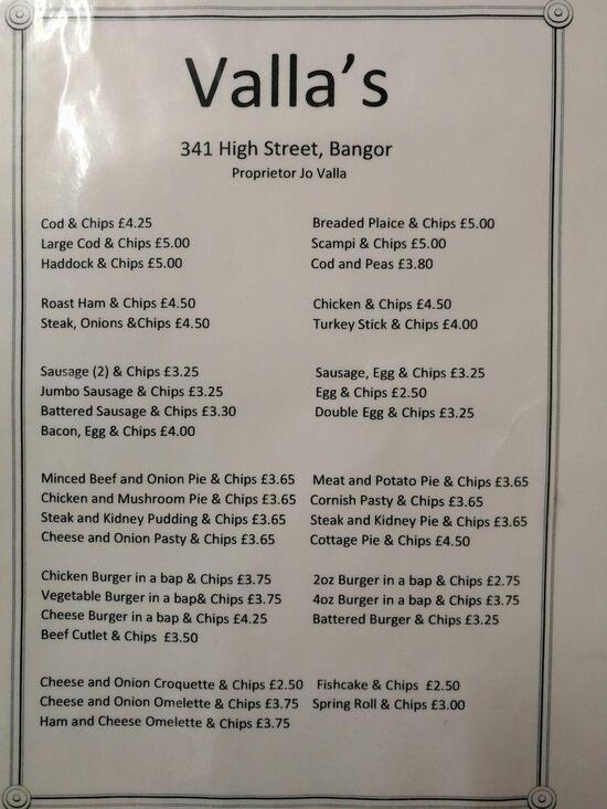 Menu at Valla's Fish & Chip Shop restaurant, Bangor