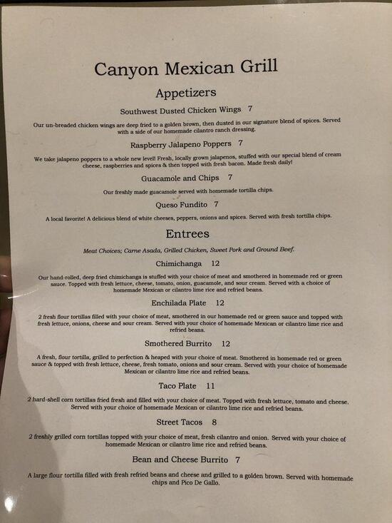 Menu at Canyons Mexican Grill, Escalante