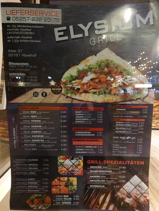 Menu at Elysium Grill restaurant, Hövelhof