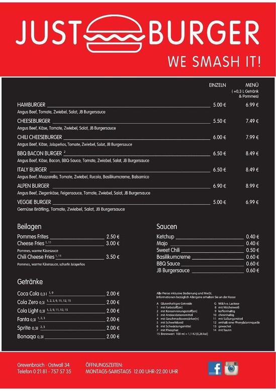 Speisekarte von Just Burger Grevenbroich restaurant, Grevenbroich