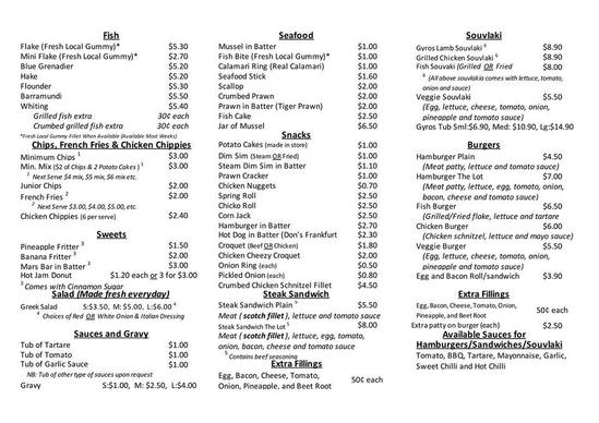Menu at Seagull Fish & Chips fast food, Frankston North