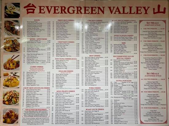 Menu at Evergreen Valley restaurant, Porth
